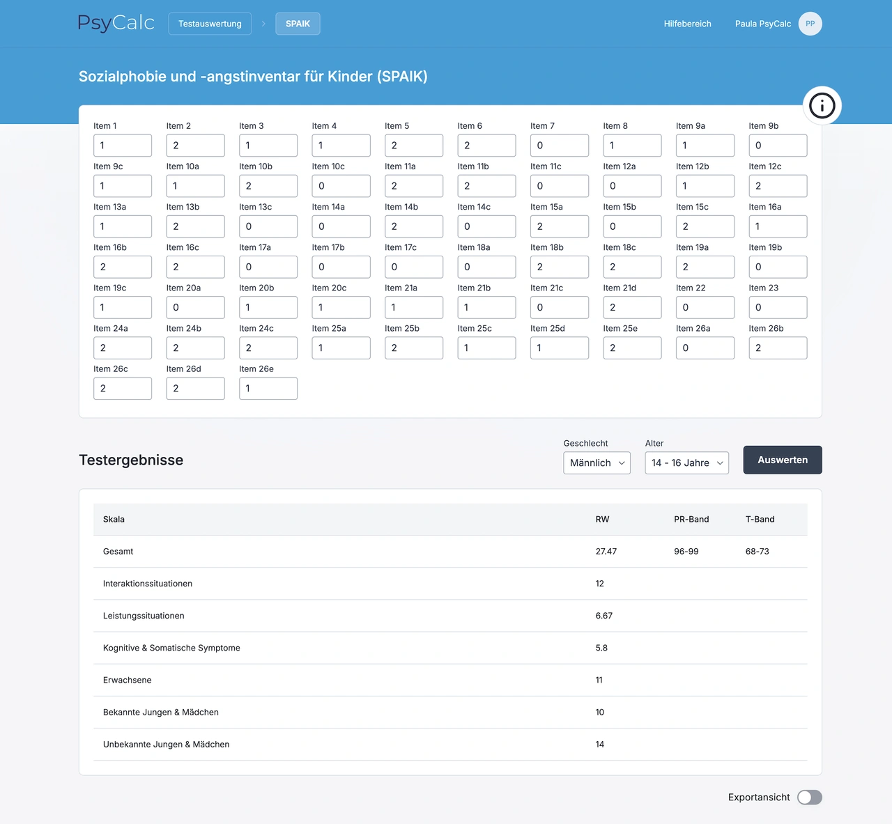 SPAIK digital auswerten | PsyCalc | Test-Auswertungsprogramm