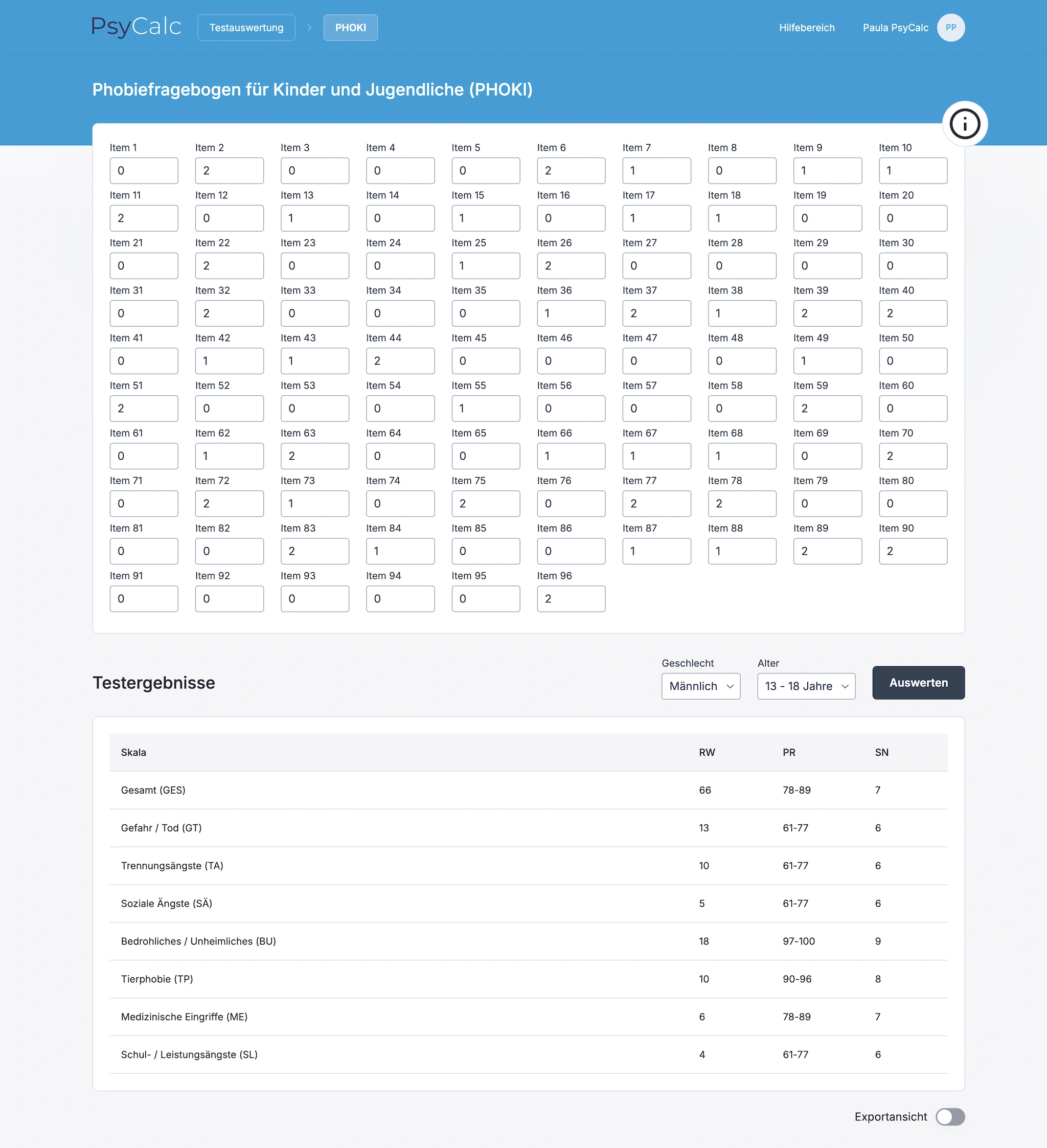 PHOKI digital auswerten | PsyCalc | Auswertungsprogramm